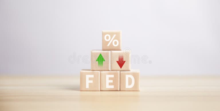 Wooden Cube Blocks Lined Up with Fed Percent Symbol and Up and Down Arrows. Concept of Interest ...