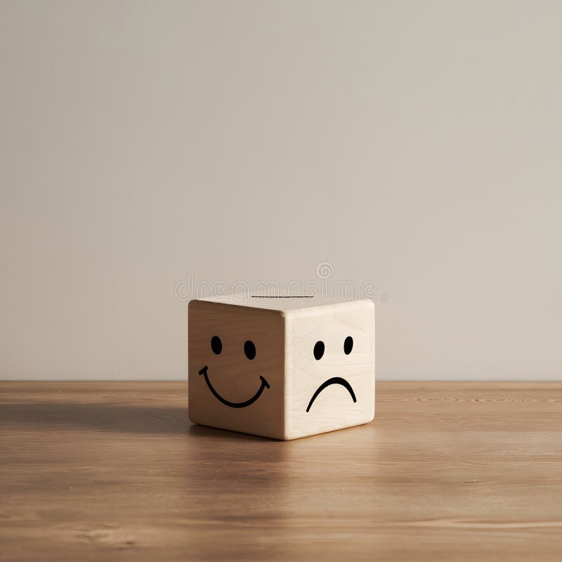 Wooden Cube with Happy and Sad Faces on Different Sides Stock ...