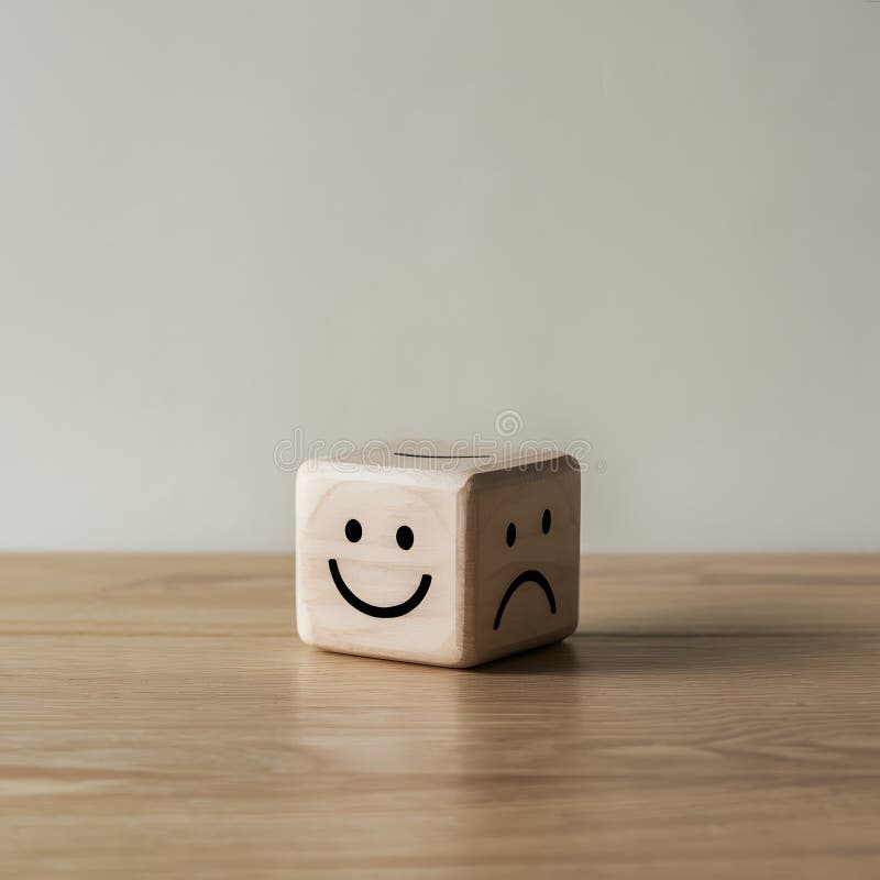 Wooden Cube with Happy and Sad Faces on Different Sides Stock ...
