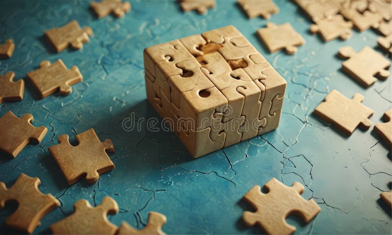 Wooden Cube with Missing Pieces Sits on Blue Background, Surrounded by ...