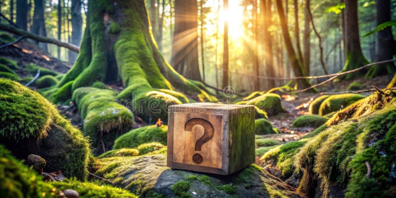 Wooden Cube with Question Mark in a Sunlit Mossy Forest. Generative AI ...