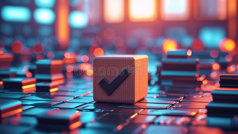 Wooden Cube Showing Check Mark Symbol in Futuristic Environment Stock Illustration ...