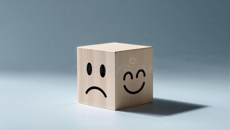 Wooden Cube Showing Happy and Sad Faces Representing Customer ...