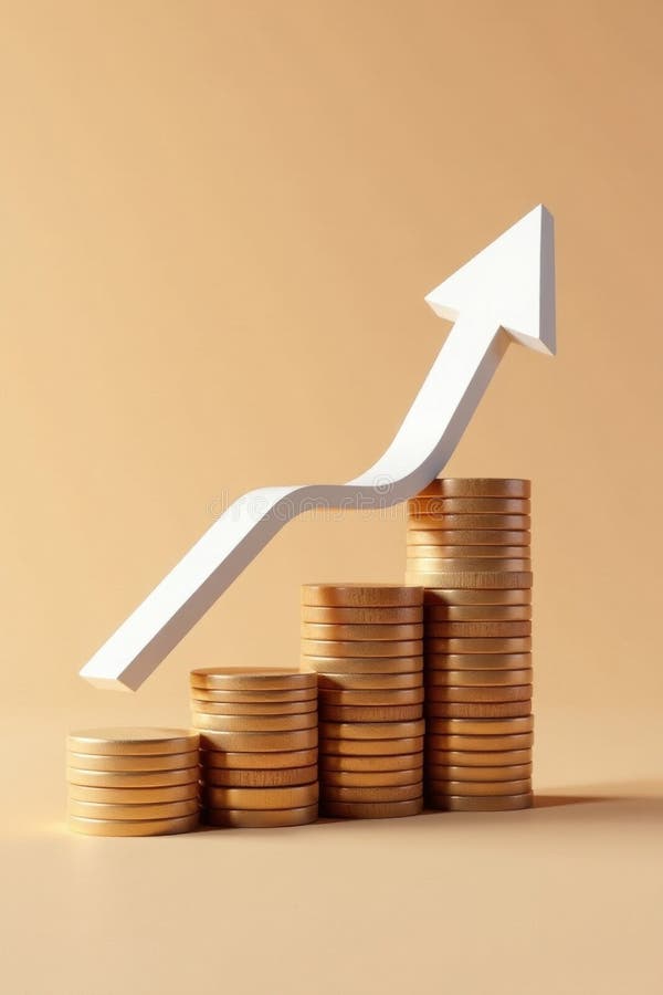 Wooden Cube with Stacked Coins, White Arrow Down, Percentage Decrease ...