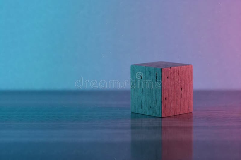Wooden Cube in Two-tone Lighting. Space for Text. Stock Image - Image ...