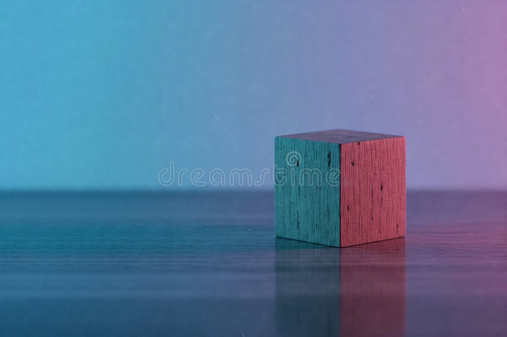 Wooden Cube in Two-tone Lighting. Space for Text. Stock Image - Image ...