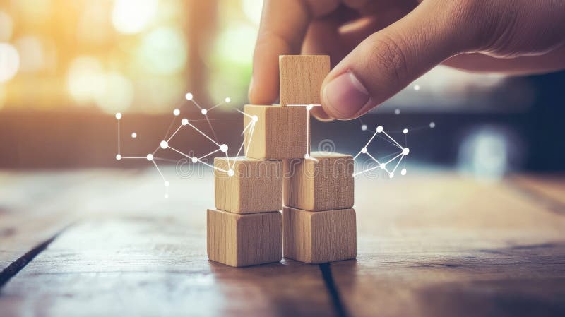 Wooden Cubes Arranged As a Tower with Network Lines Stock Image - Image ...