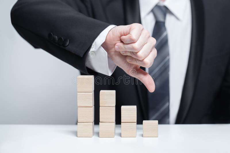 Wooden Cubes, Business Loss Decline Concept, Businessman Pointing Down ... Wooden Cubes, Business Loss Decline Concept, Businessman Pointing Down ...