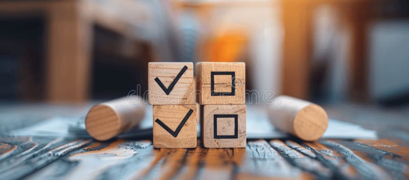 Wooden Cubes with Check Mark and Document Icons on Blurred Background ...
