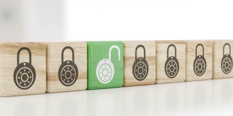 Wooden Cubes with Closed and Open Locks 3d Render Illustration Stock ...