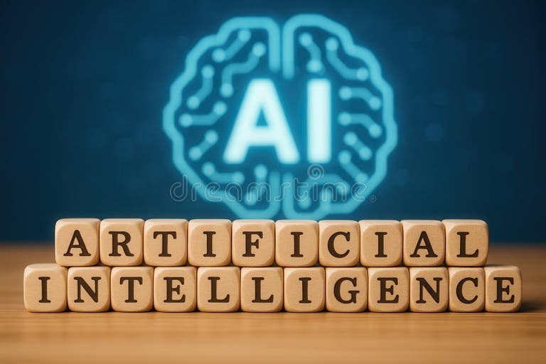 Artificial Intelligence Concept with Wooden Cubes and Digital Brain ...