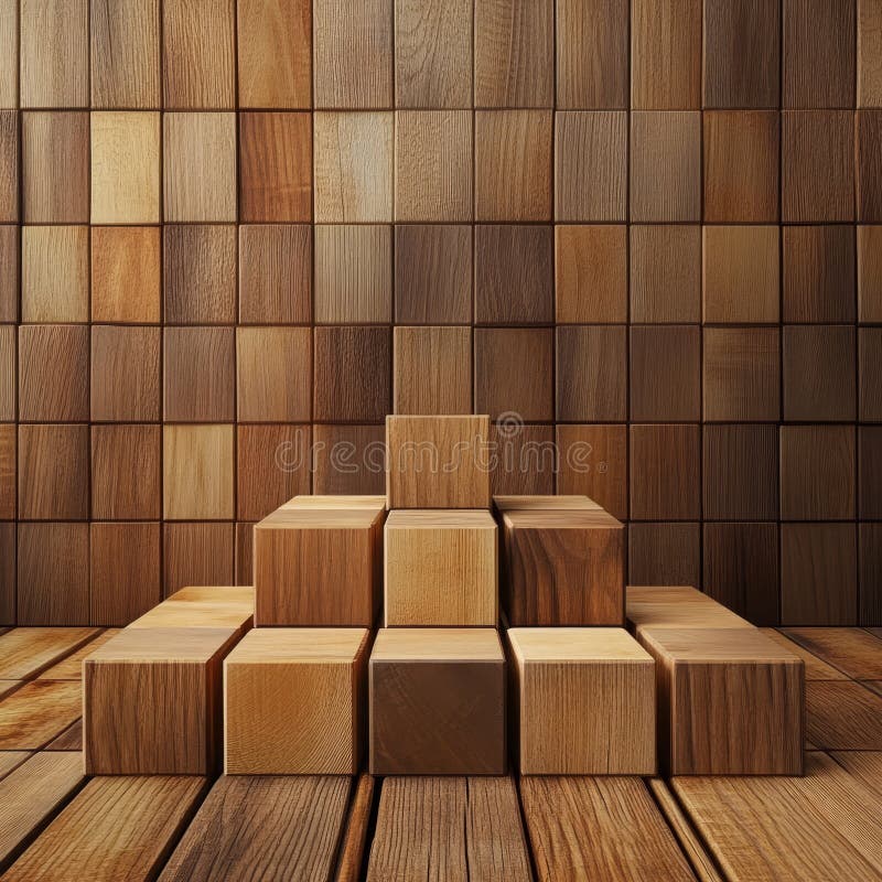 Wooden Cubes on the Wooden Floor with Geometric Pattern. 3d Rendering ...