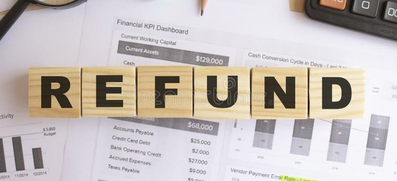 Wooden Cubes with Letters on the Table in the Office. Text REFUND Stock ...