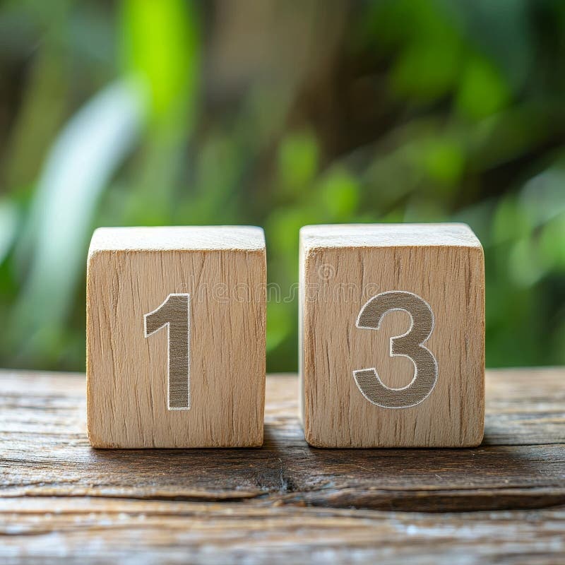 Wooden Cubes with Number 13 on Wooden Table with Blurred Nature ...