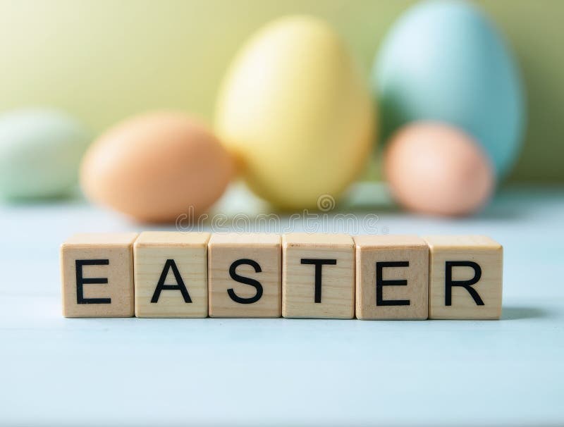 Wooden Cubes Spelling Easter with Colorful Eggs in Background Stock ...