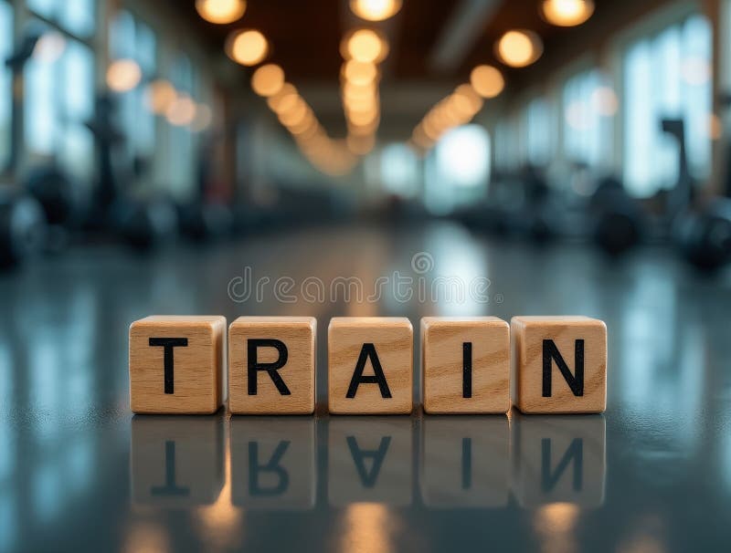 Wooden Cubes Spelling Train in Empty Gym Stock Illustration ...