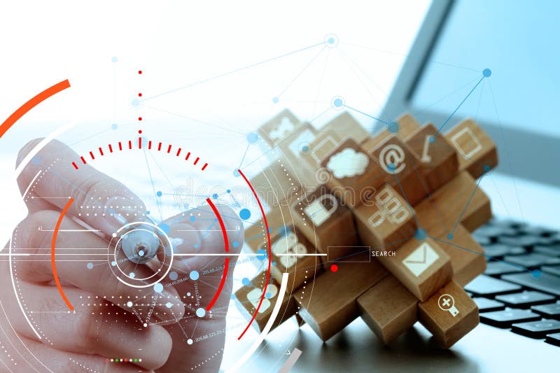 Wooden Cubes with Technology Icons on Computer As Cloud Network Stock ...