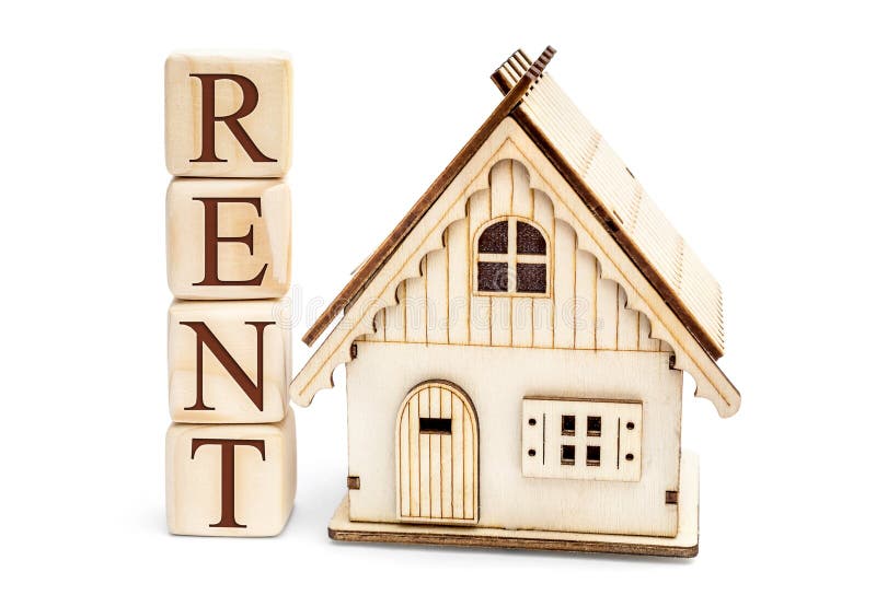 Wooden Cubes with Word RENT and Model of House on White Stock Image ...