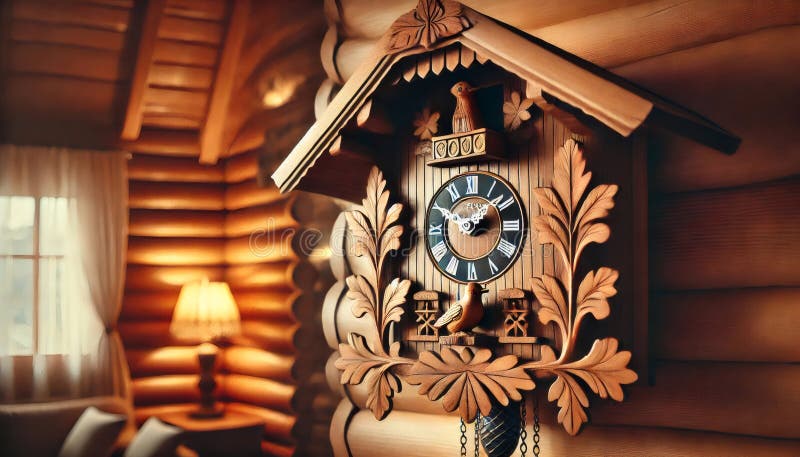 Traditional Cuckoo Clock Hanging on Log Cabin Wall Showing Time Stock ...