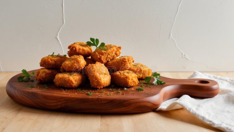 Wooden Cutting Board with Fried Chicken Nuggets. Stock Photo - Image of ...