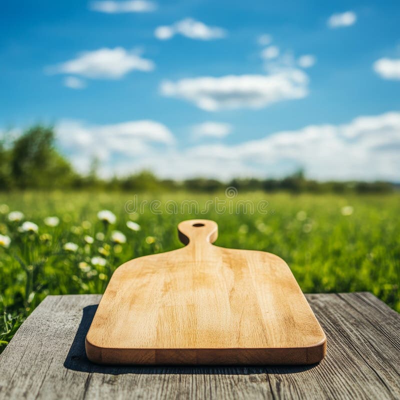 Wooden Cutting Board on Wooden Table with Grass and Blue Sky Background ...