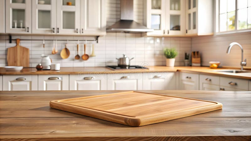 Wooden Cutting Board on Table in Modern Kitchen Interior. Mock Up Stock ...