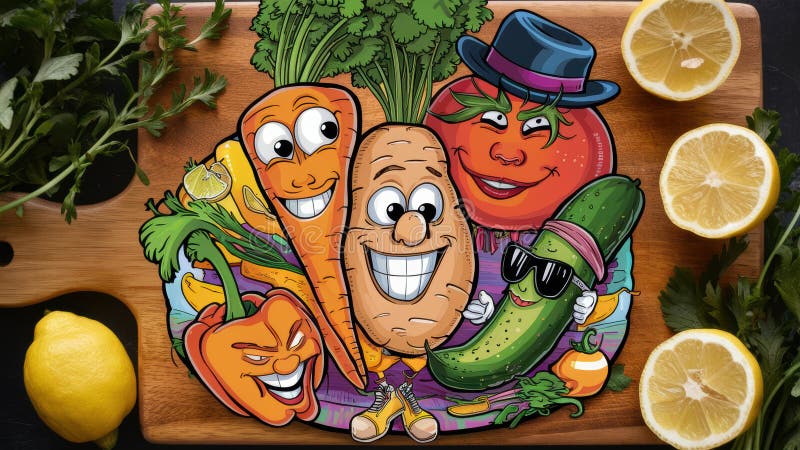 A Wooden Cutting Board with Vegetables and a Cartoon Face, AI Stock ...