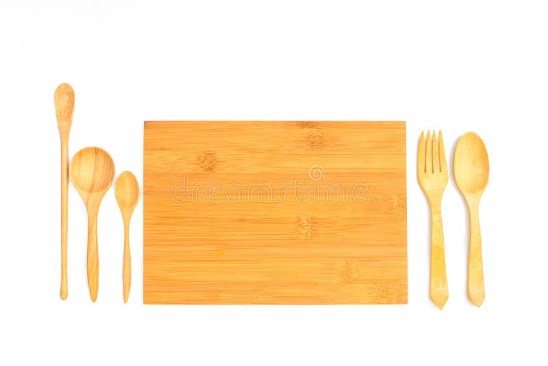 Wooden Cutting Board with Wooden Spoon and Fork Isolated Stock Photo ...