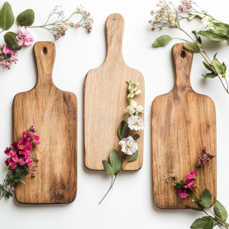 Wooden Cutting Boards with Spring Flowers on White Background. Flat Lay ...