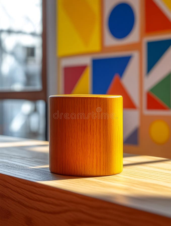 Wooden Cylinder in Sunlight with Colorful Abstract Backdrop Stock Photo ...