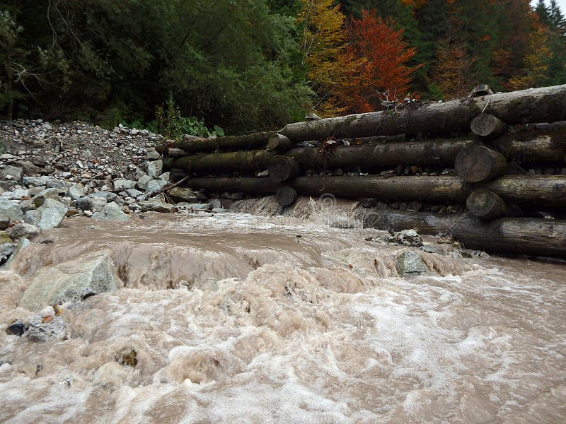 Wooden Dam on a Mountain River Stock Image - Image of plants, lake ...