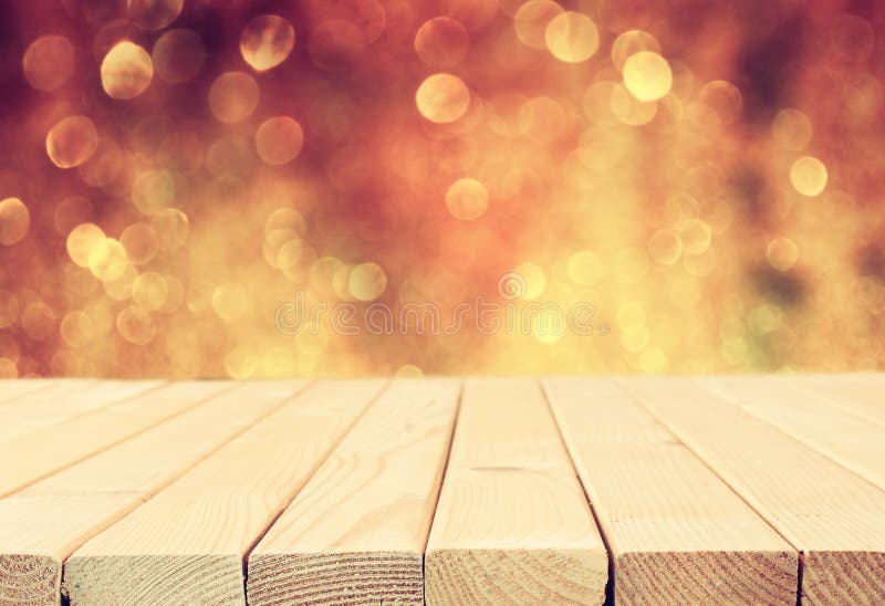 Wooden Deck And Bokeh Light Background For Product Display Stock Photo ...