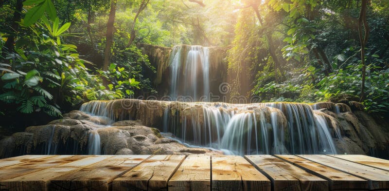 Wooden Deck with Central Waterfall Stock Image - Image of cascade ...