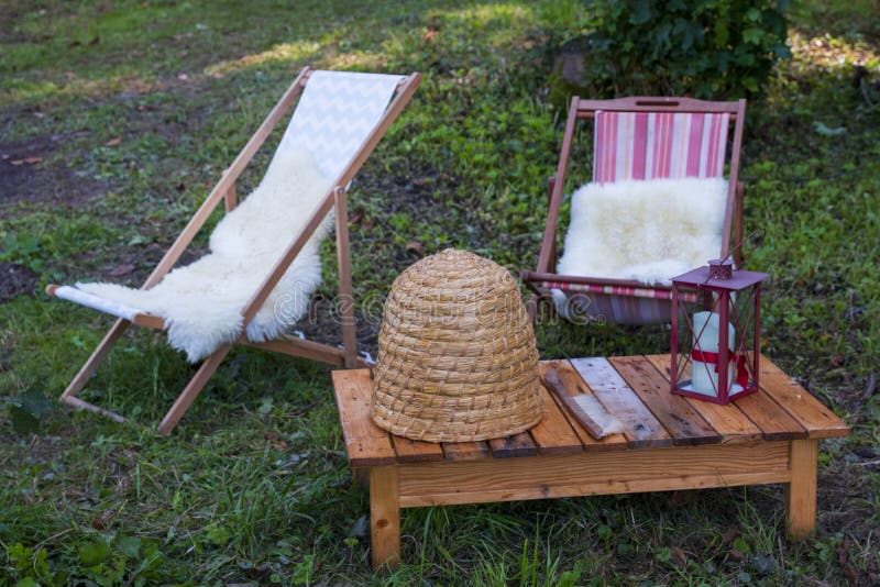 Wooden Deck Chair in the Forest, Romantic with Beehive Stock Image ...