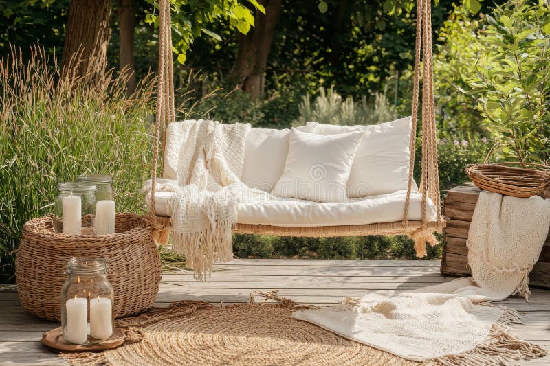 The Wooden Deck in the Garden Contains a Beige String Swing, a Rug, and ...