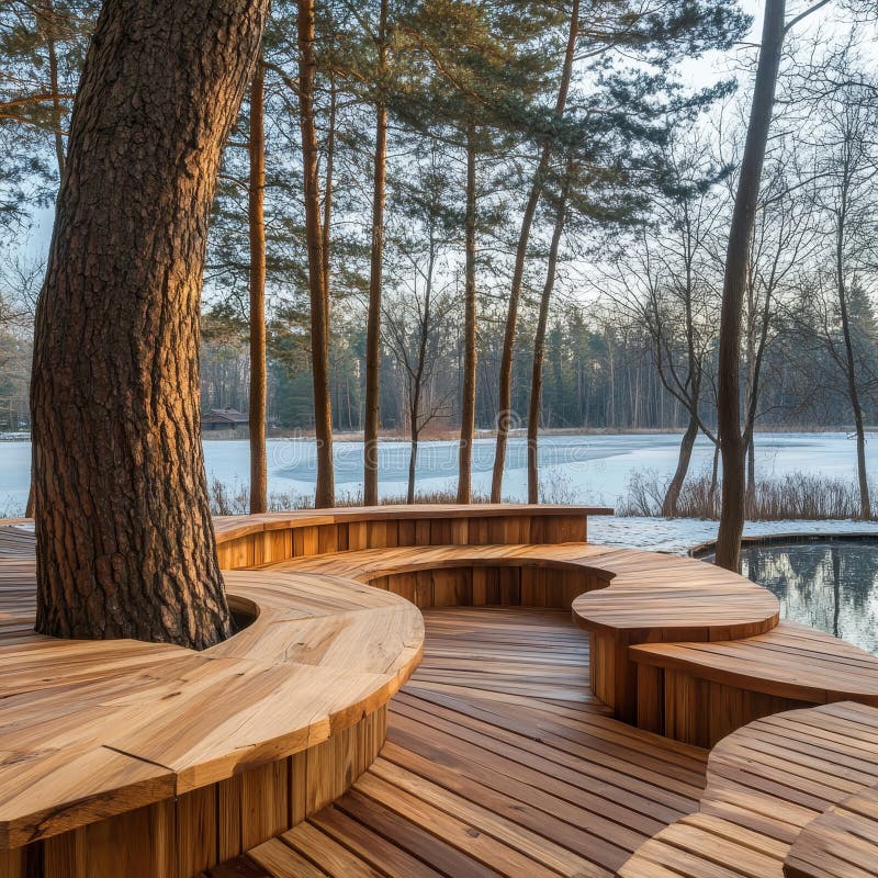 Wooden Deck on a Lake in the Forest. 3D Rendering Stock Illustration ...
