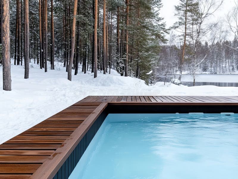 A Wooden Deck Next To a Swimming Pool in the Snow Stock Photo - Image ...