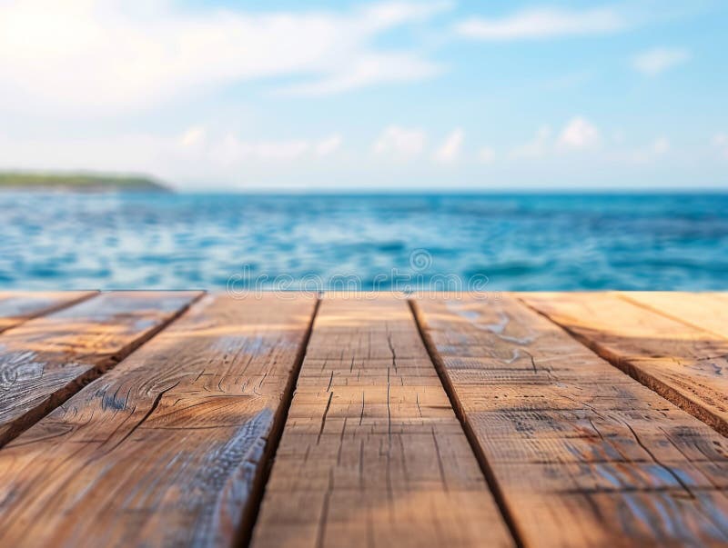 Wooden Deck Overlooking a Blue Ocean with a Blurred Background Stock ...