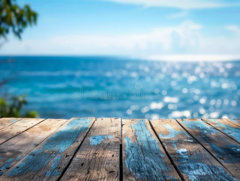 Wooden Deck Overlooking a Blurry Ocean Landscape Stock Illustration ...