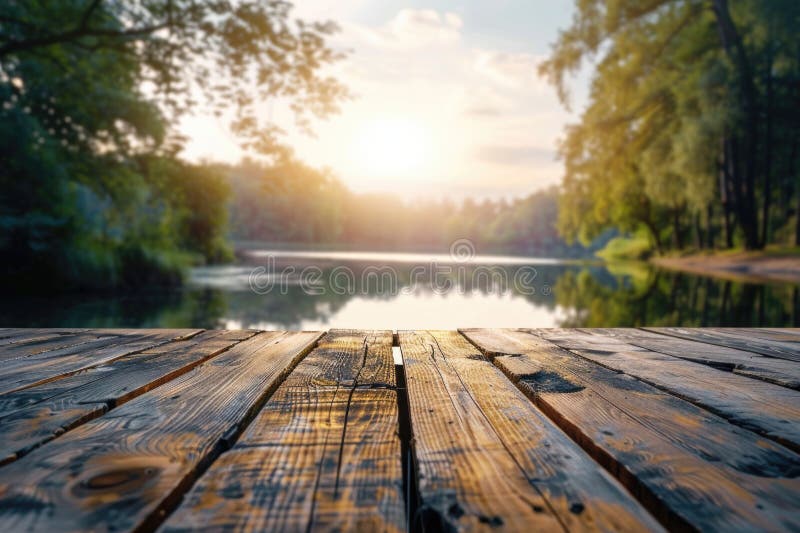 Wooden Deck Overlooking Lake at Sunset Stock Image - Image of tranquil ...