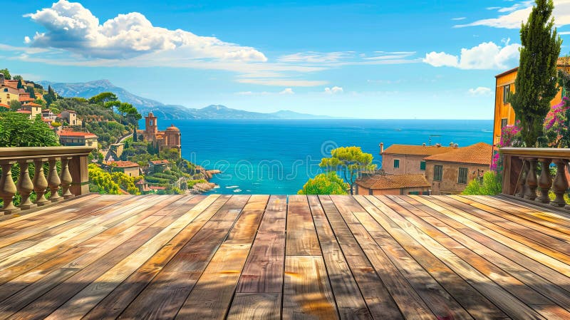 A Wooden Deck Overlooking the Ocean Stock Image - Image of deck, tree ...