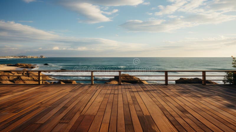 A Wooden Deck Overlooking the Ocean. Generative AI. Stock Photo - Image ...