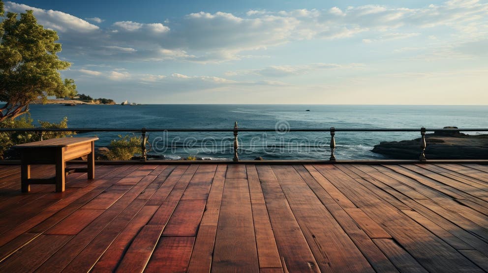 A Wooden Deck Overlooking the Ocean. Generative AI. Stock Illustration ...