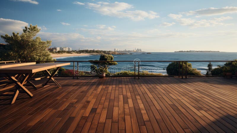 A Wooden Deck Overlooking the Ocean. Generative AI. Stock Illustration ...