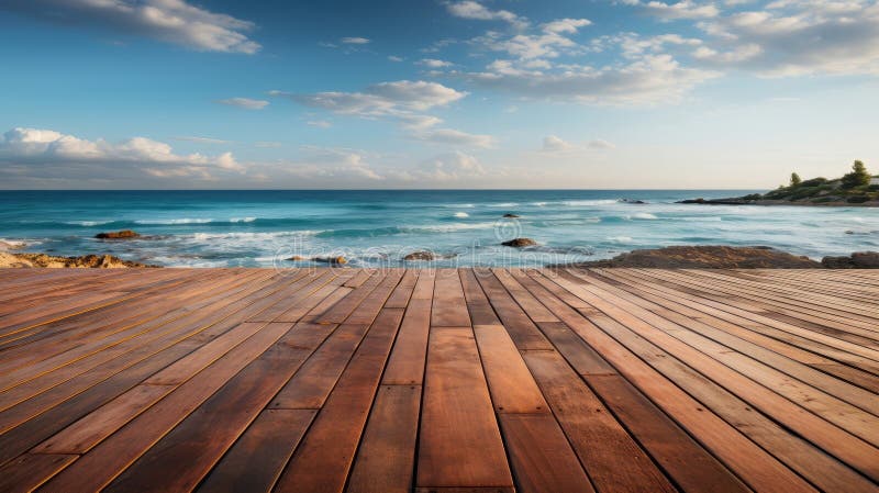 A Wooden Deck Overlooking the Ocean. Generative AI. Stock Illustration ...