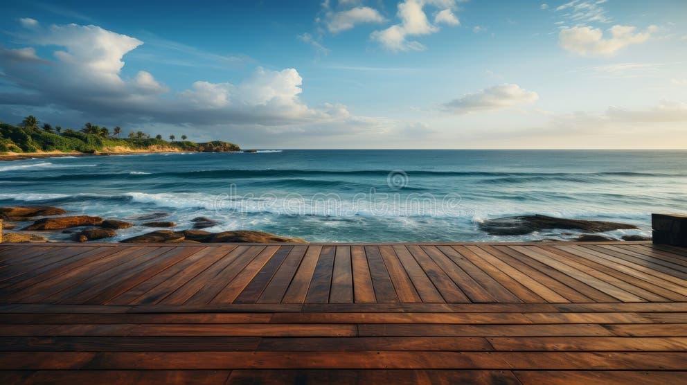 A Wooden Deck Overlooking the Ocean. Generative AI. Stock Illustration ...