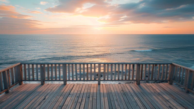 Wooden Deck Overlooking the Ocean at Sunset Stock Image - Image of ...