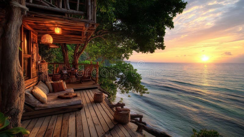 Wooden Deck Overlooking Ocean Sunset with Treehouse and Seating Stock ...