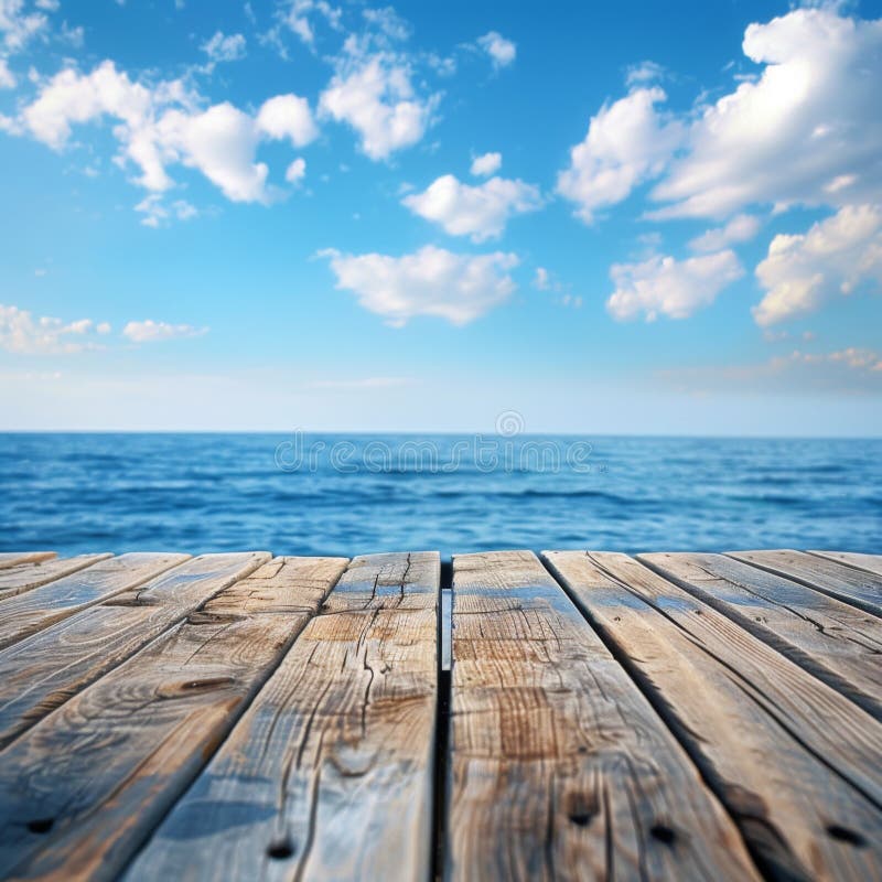 Wooden Deck Overlooking a Tranquil Blue Ocean Under a Cloudy Sky Stock ...