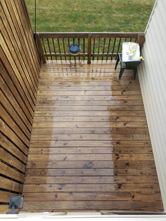 A Wooden Deck after a Rain Looking Over a Yard Stock Image - Image of ...